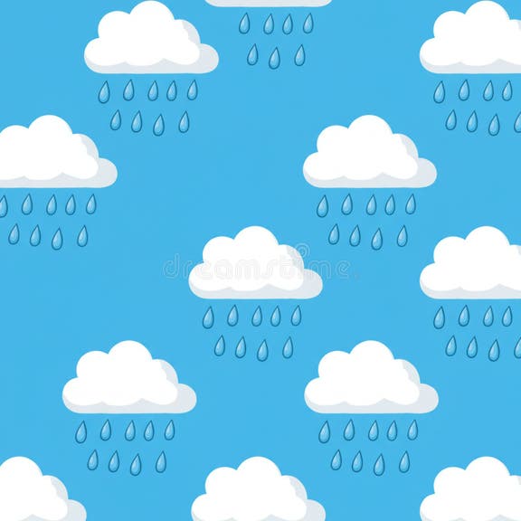 Seamless Pattern Featuring White Clouds with Falling Rain Droplets on a Bright Blue Stock ...