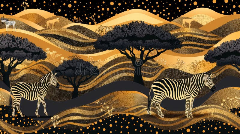 A Seamless Pattern Featuring Zebras, Acacia Trees, and Golden Hills ...