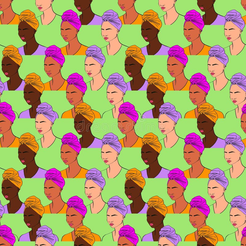 Seamless Pattern of Female Diverse Faces with Different Color. Hand ...