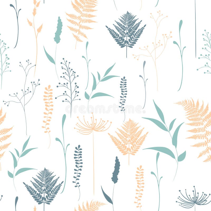 Seamless Pattern of Fern, Different Tree, Foliage Natural Branches ...