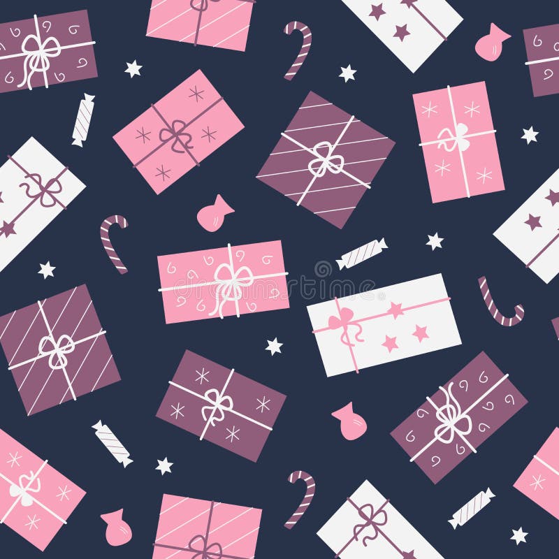Seamless Pattern of Festive Gift Boxes and Candy, Vector Illustration ...