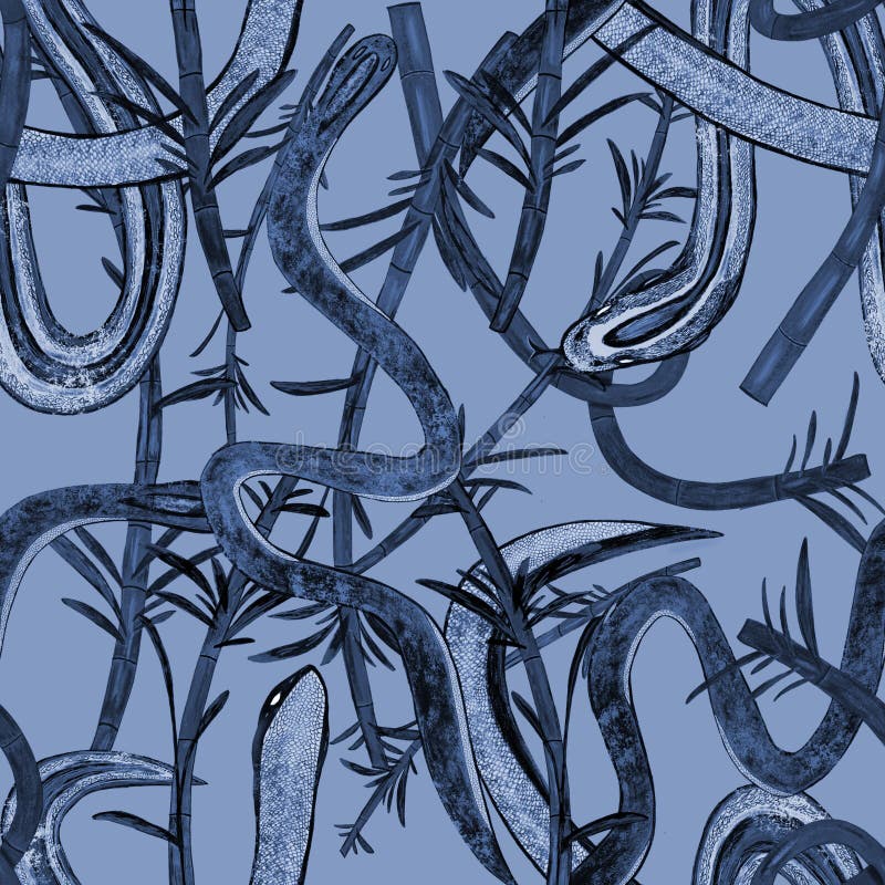 Seamless Pattern with Bamboo Leaves and Branches, and Snakes on Gray ...