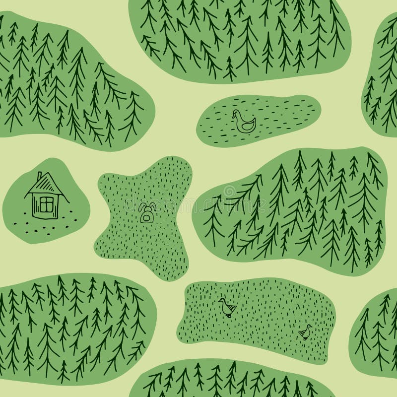 Seamless Pattern with Fir Tree Forest, Ducks, Hare and Log House. Flat ...