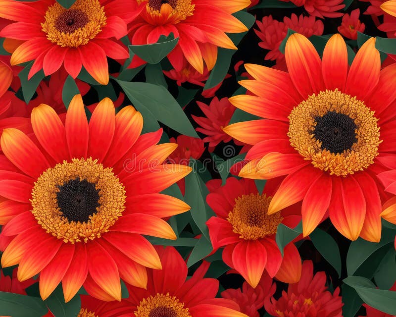 Seamless Pattern with Fire Red Gerbera Flowers Illustration in ...