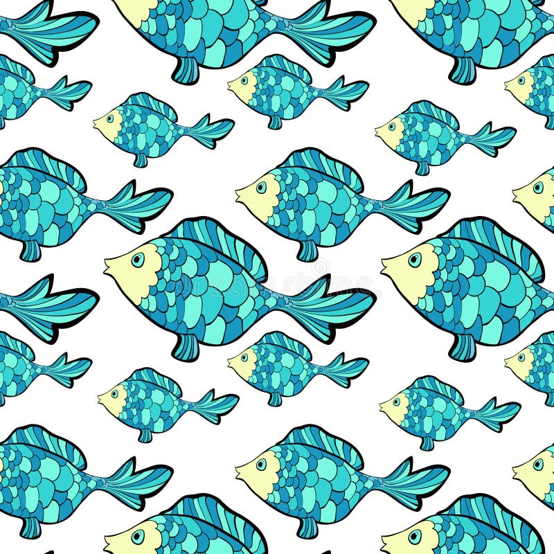 Seamless Pattern Fish Cartoon a Blue Cute. Vector Illustration Stock ...