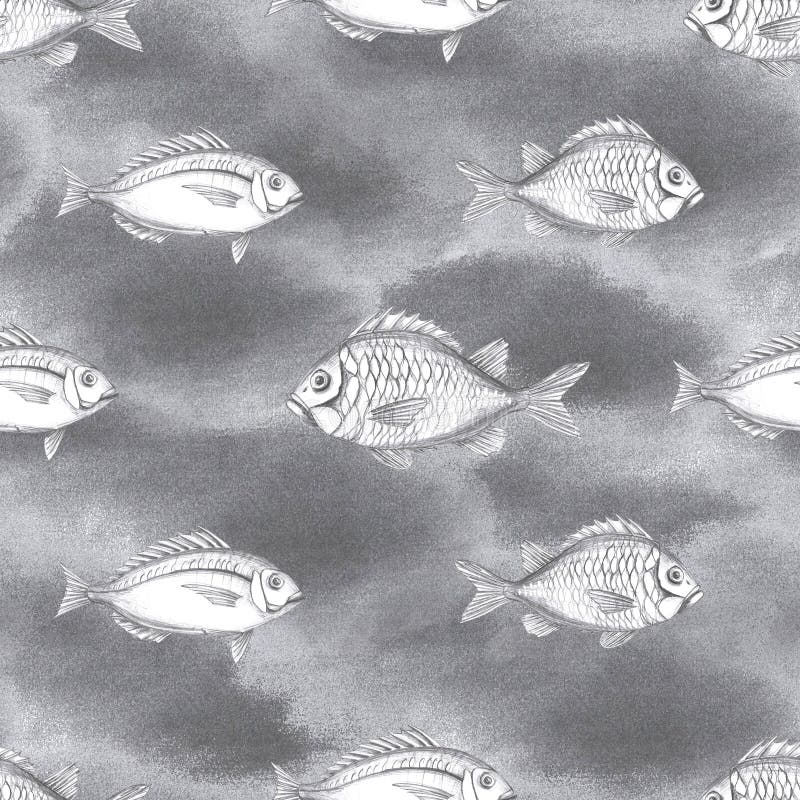 Seamless Pattern with Fish on Graphite Background. Pencil Graphic ...