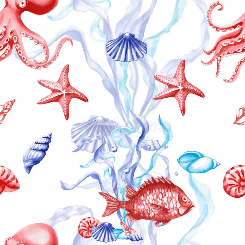 Seamless Pattern with Fish, Octopus and Shells. Watercolor Illustration ...