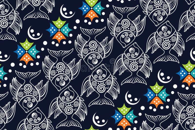 Seamless Pattern with Fish Tribal Vector Illustration, Sea Batik Motif ...