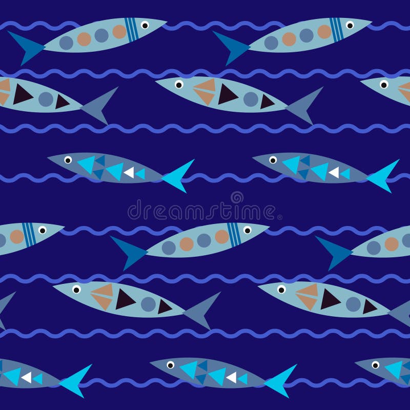 Seamless Pattern with Fish and Waves on a Blue Background. Marine ...