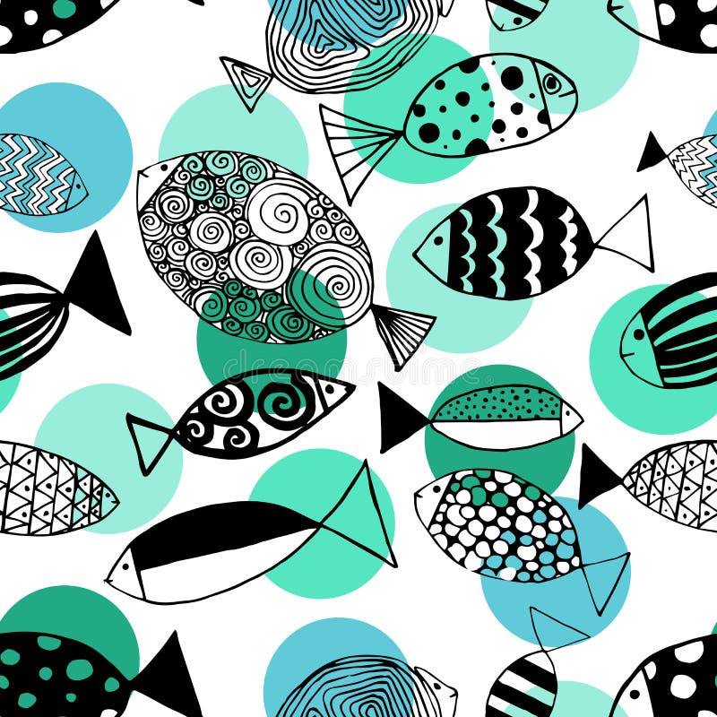 Seamless Pattern with Fishes. Funny Fish Outline Illustration Stock ...