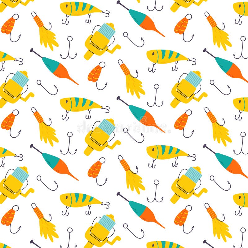 Seamless Pattern with Fishing Gear. Hand-drawn Pattern with Baits ...