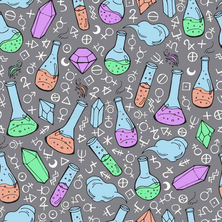 Seamless Pattern with Flasks and Alchemy Symbols Stock Illustration ...
