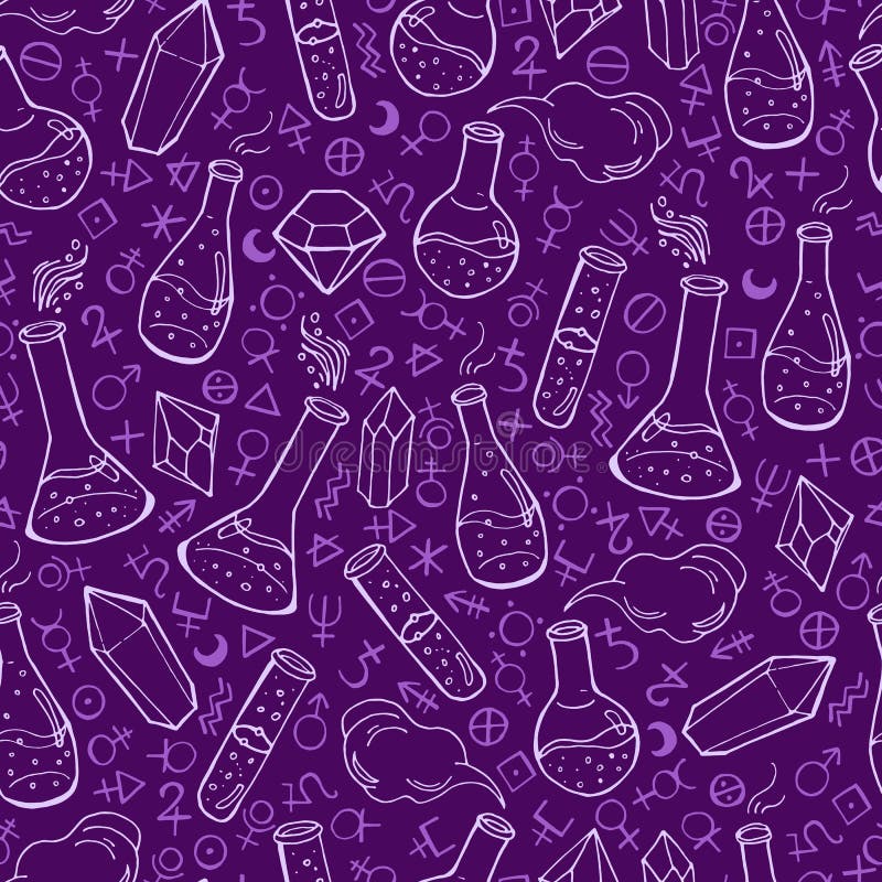 Seamless Pattern with Flasks and Alchemy Symbols Stock Illustration ...