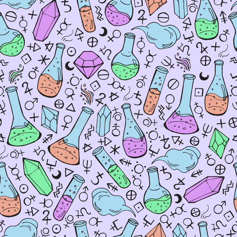 Seamless Pattern with Flasks and Alchemy Symbols Stock Illustration ...