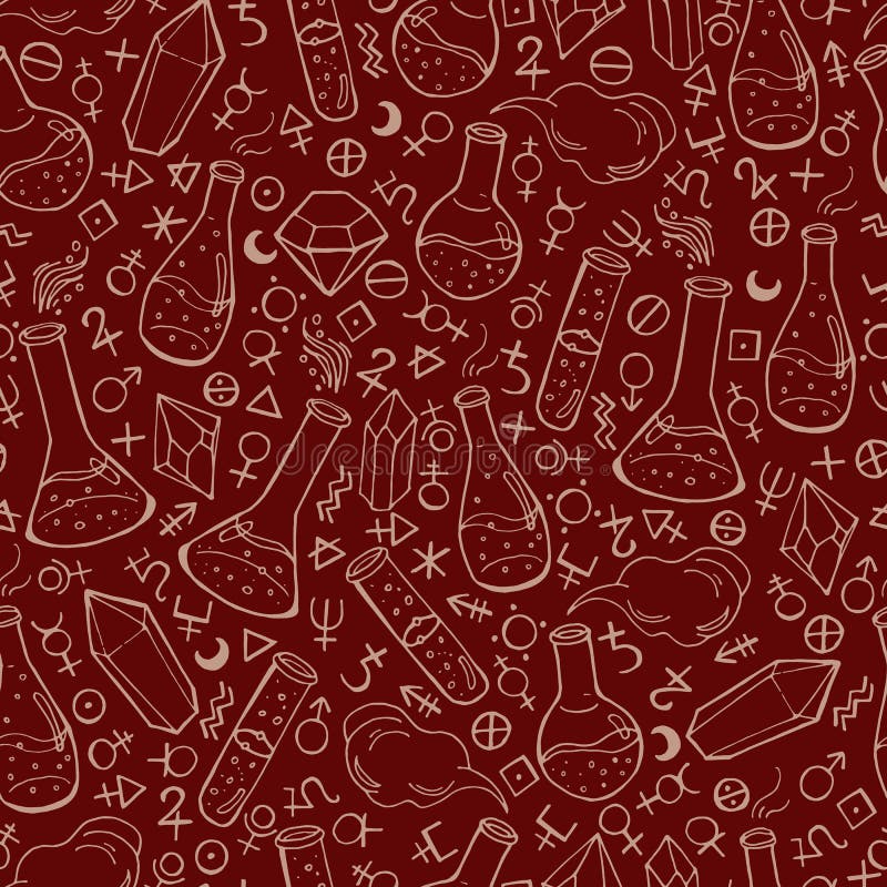 Seamless Pattern with Flasks and Alchemy Symbols Stock Illustration ...