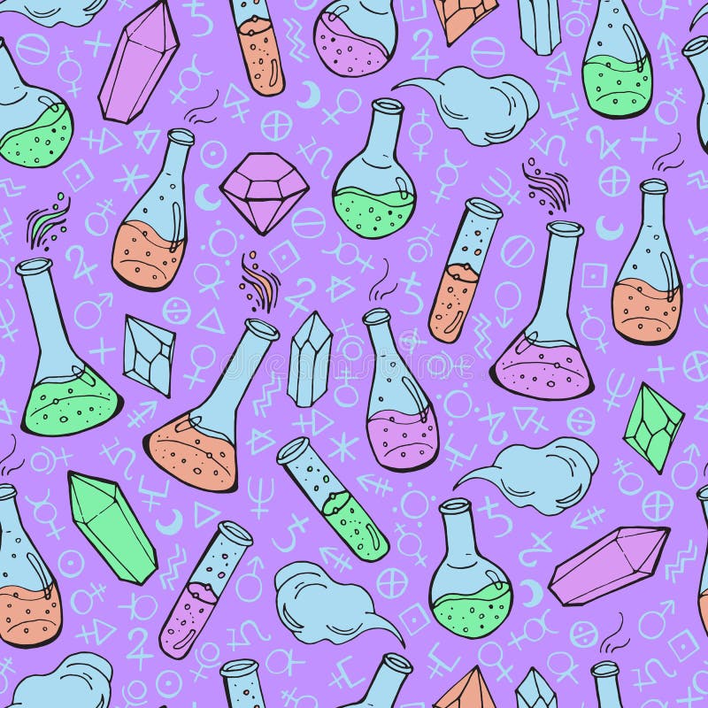 Seamless Pattern with Flasks and Alchemy Symbols Stock Illustration ...