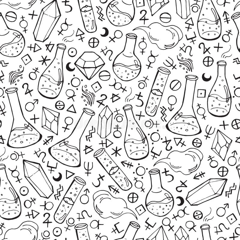 Seamless Pattern with Flasks and Alchemy Symbols Stock Illustration ...