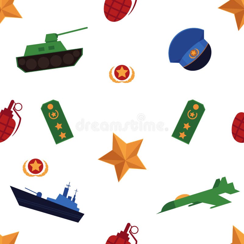 Seamless Pattern with Flat Army, Military Objects Stock Vector ...