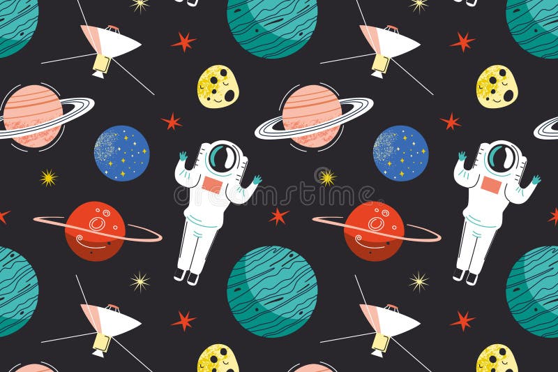 Seamless Pattern in Flat Cartoon Style with Astronaut, Space Probe ...