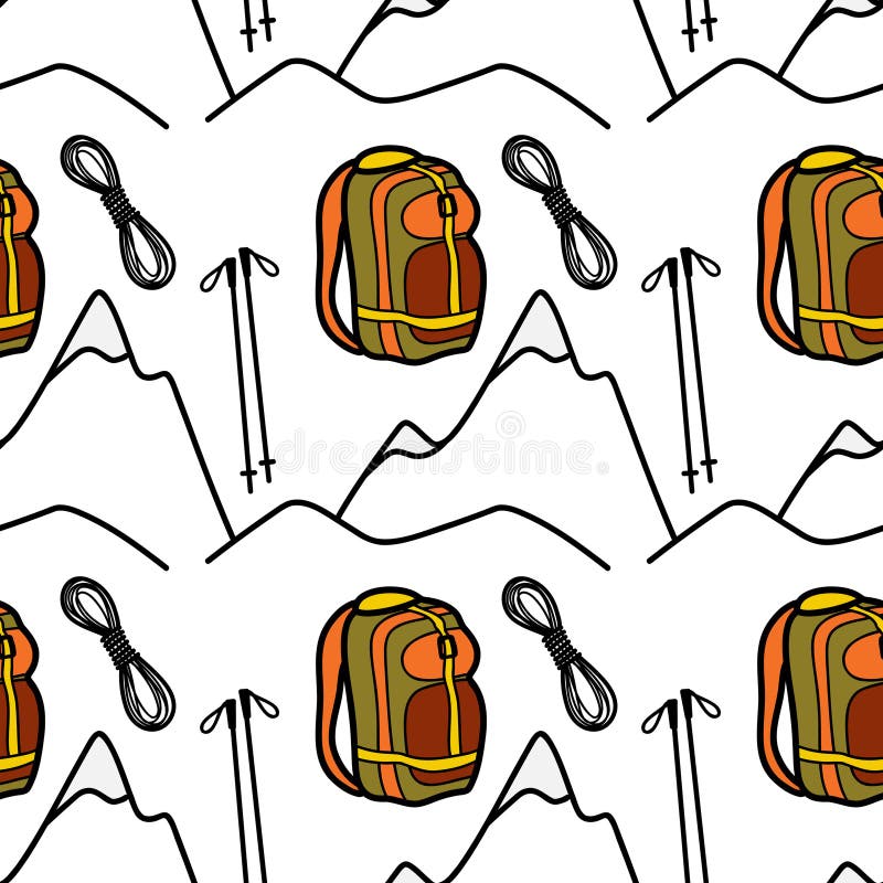 Seamless Pattern Flat Drawings of Hiking, Camping Stock Vector ...