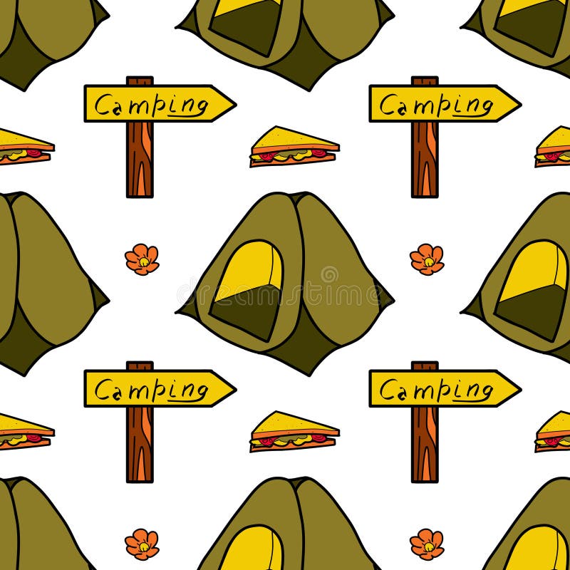 Seamless Pattern Flat Drawings of Hiking, Camping Stock Vector - Illustration of object, black ...