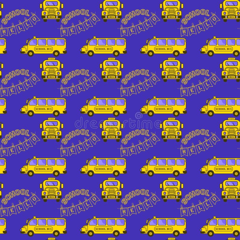 Seamless Pattern with Flat Style School Bus on Blue Background Stock ...