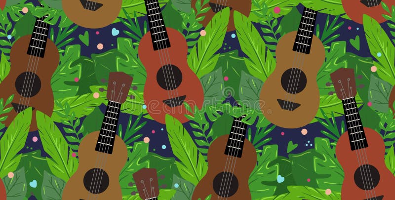 Seamless Pattern with Flat Ukuleles with Musical Notes and Tropical ...