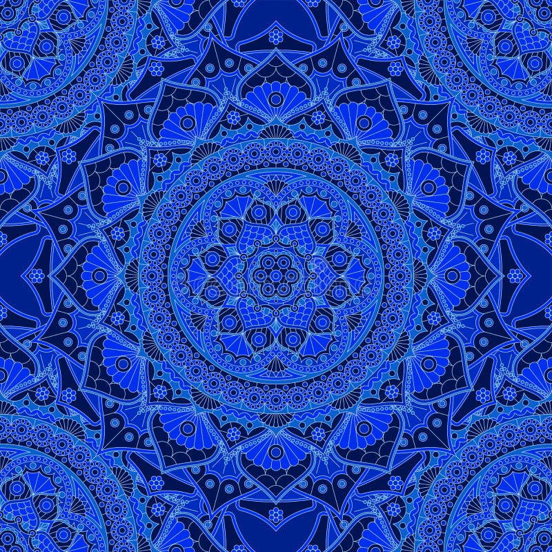 Seamless Pattern with Floral Mandala in Blue Colors. Vector Drawing ...