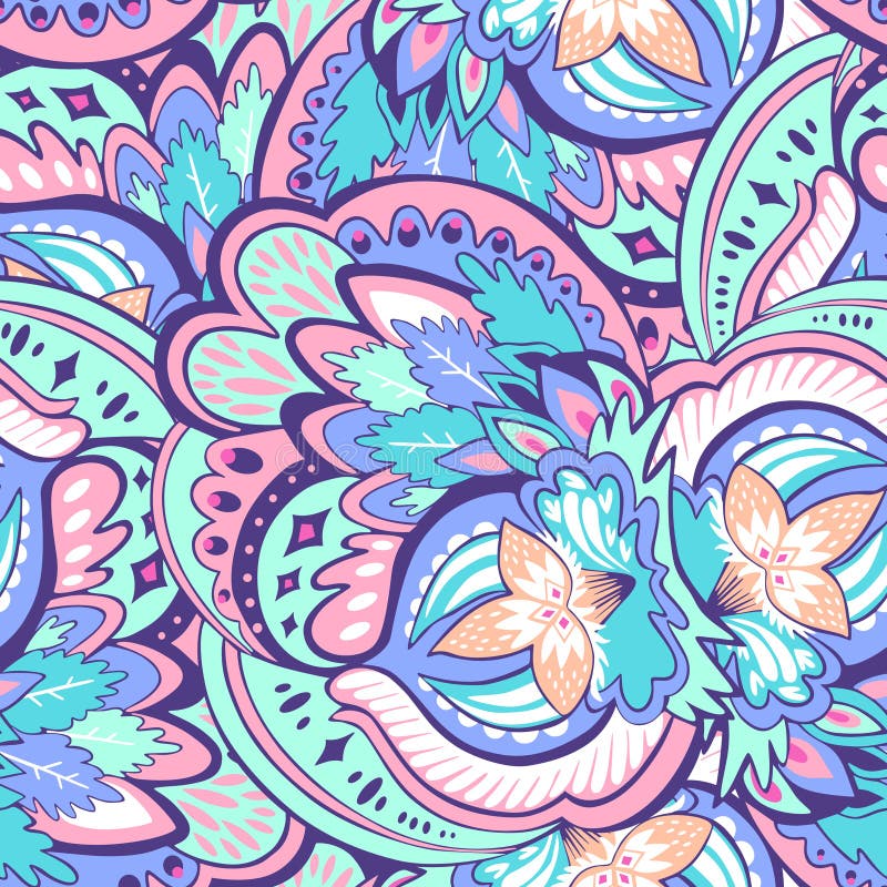 Seamless Pattern with Floral and Plants Element in Psychedelic Funky ...