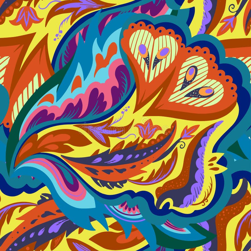 Seamless Pattern with Floral and Plants Element in Psychedelic Funky ...