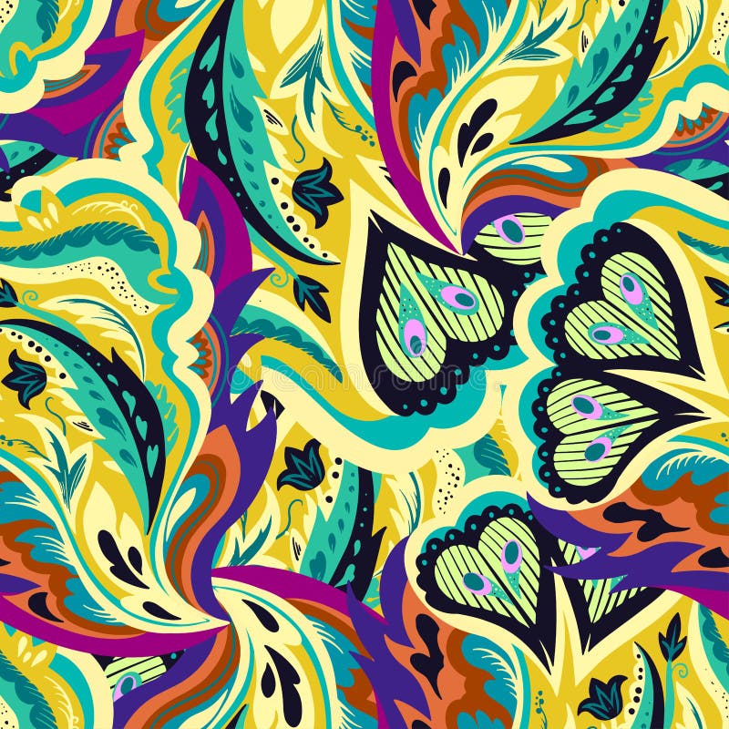 Seamless Pattern with Floral and Plants Element in Psychedelic Funky ...