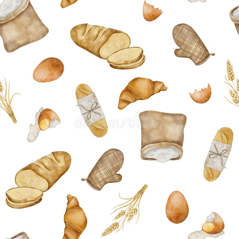 Seamless Pattern with Flour Sack, Potholder, Baguette, Bunch of ...