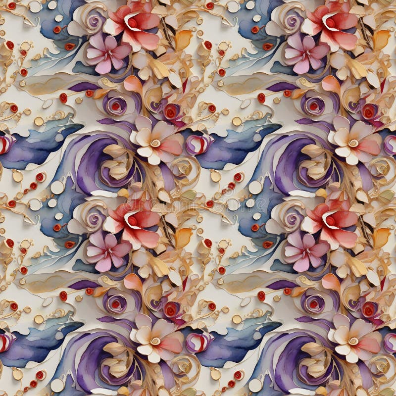 Seamless Pattern of Flower Vines and Waves. Generative Ai. Stock ...