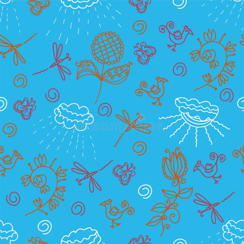 Seamless Pattern with Flowers, Animal, Weather Mot Stock Vector ...