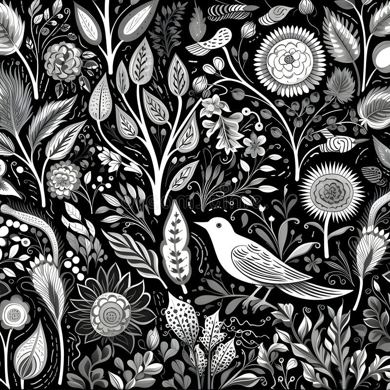 Flowers Birds Black White Stock Illustrations – 4,099 Flowers Birds ...