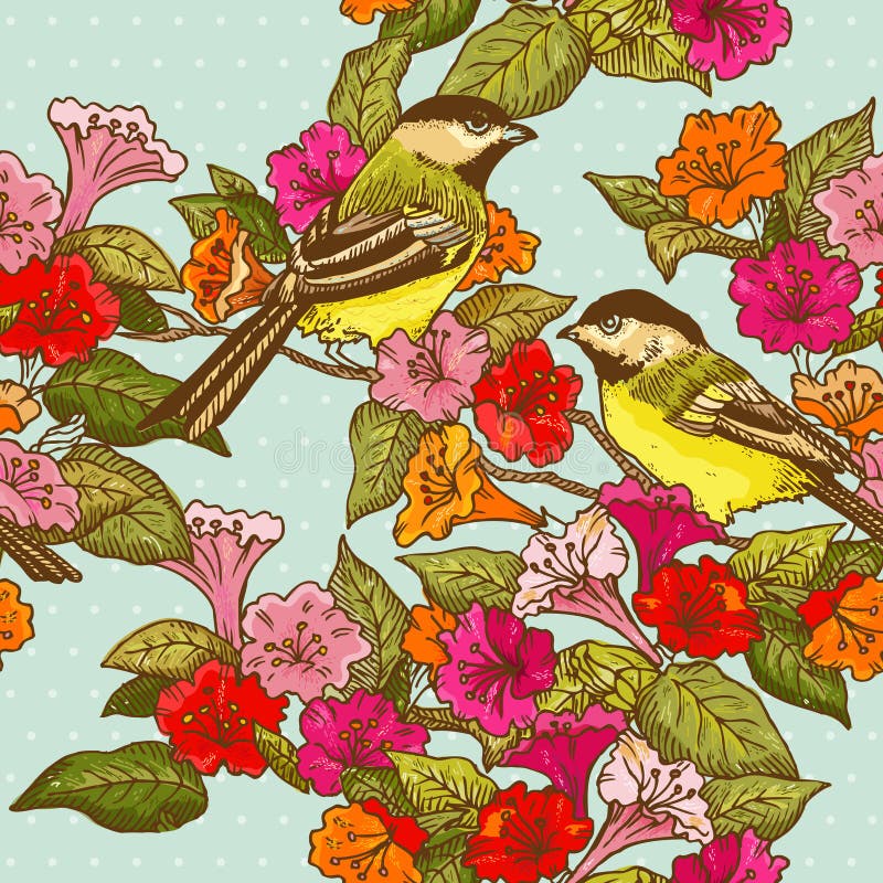 Seamless Pattern - Flowers and Birds Stock Vector - Illustration of ...