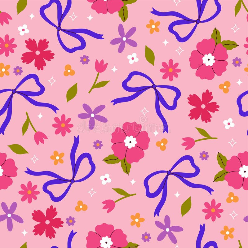 Seamless Pattern with Flowers and Blue Bows. Vector Graphics Stock ...