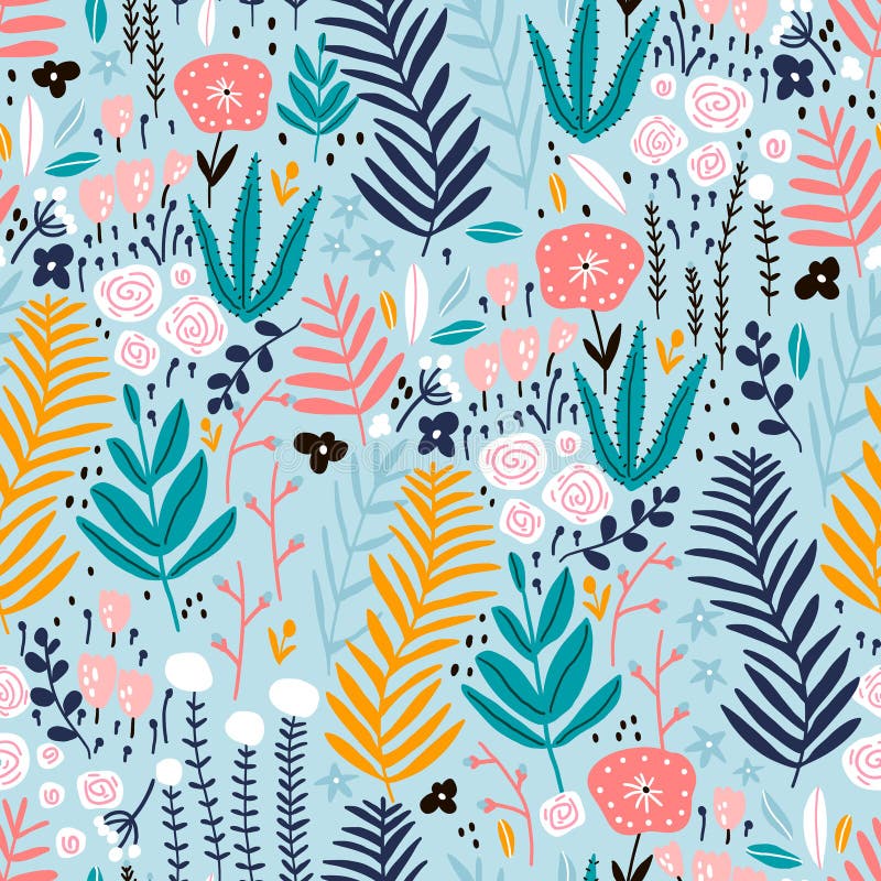 Seamless Pattern with Flowers, Branch, Leaves. Creative Floral Texture ...