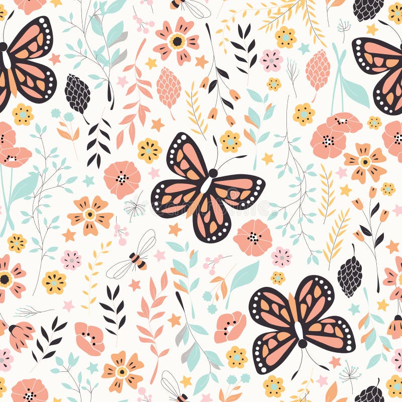 Seamless Pattern with Colorful Hand Drawn Butterflies and Moths on ...