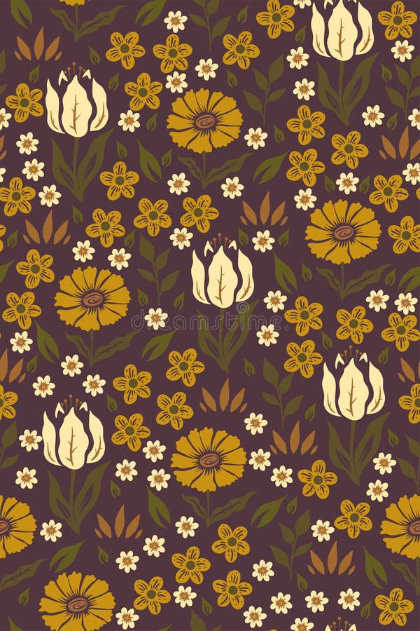 Seamless Pattern with Flowers in Mustard Colors. Vector Image Stock ...