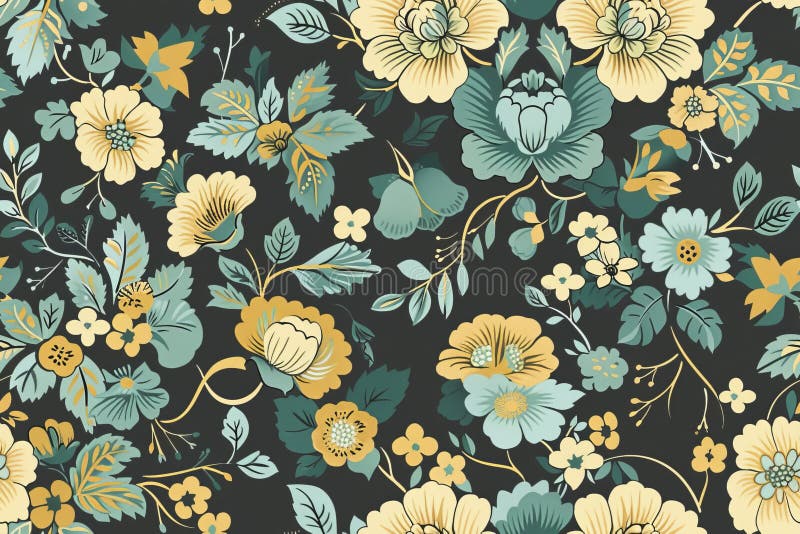A Seamless Pattern of Flowers in Muted Teal, Mustard and Sage Green on ...
