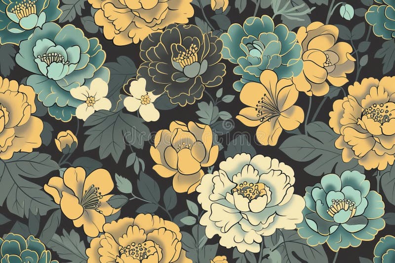 A Seamless Pattern of Flowers in Muted Teal, Mustard and Sage Green on ...