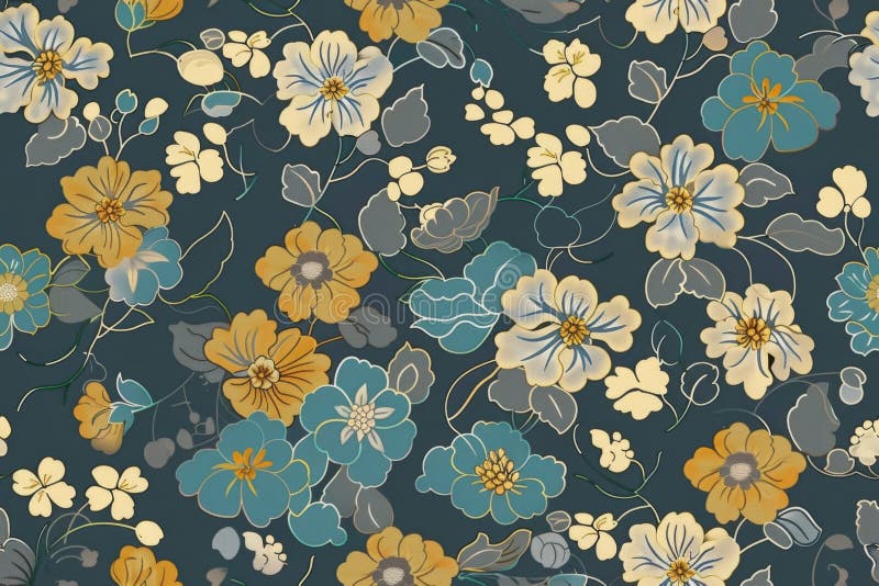 A Seamless Pattern of Flowers in Muted Teal, Mustard and Sage Green on a Dark Grey Background ...