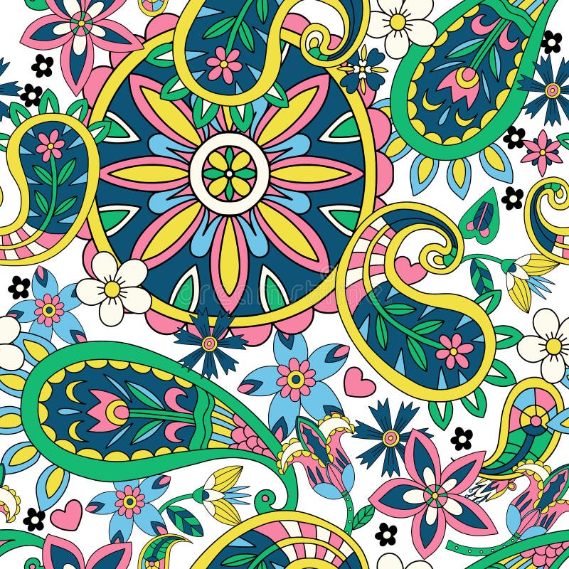 Seamless Pattern with Flowers and Paisley in Hippie Style. Vector ...