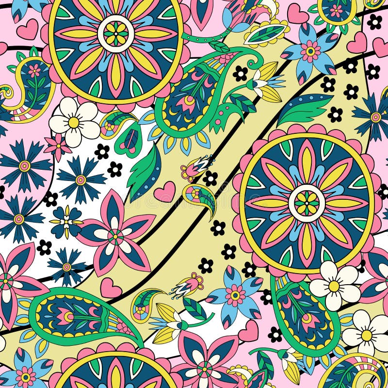 Seamless Pattern with Flowers and Paisley in Hippie Style. Vector ...
