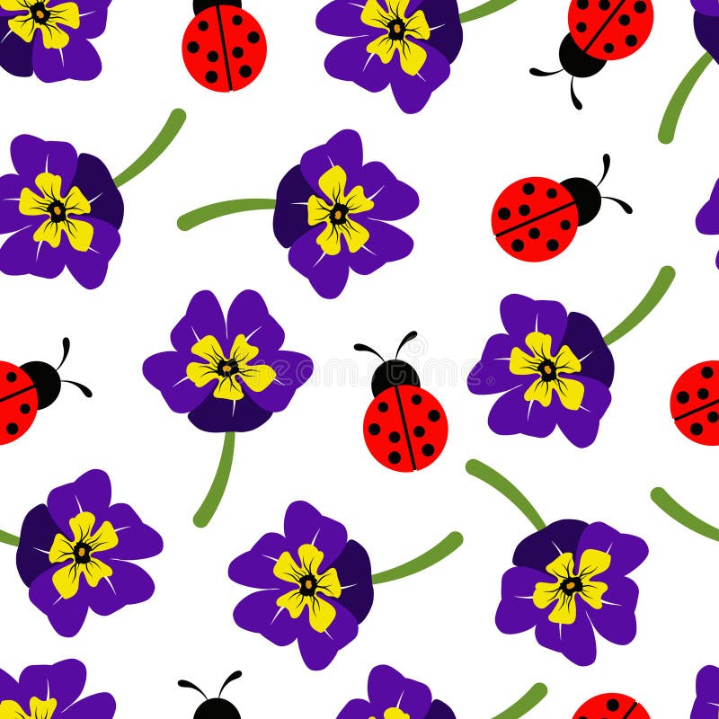 Seamless Pattern Flowers Pansies and Ladybug. Wallpaper from Viola ...