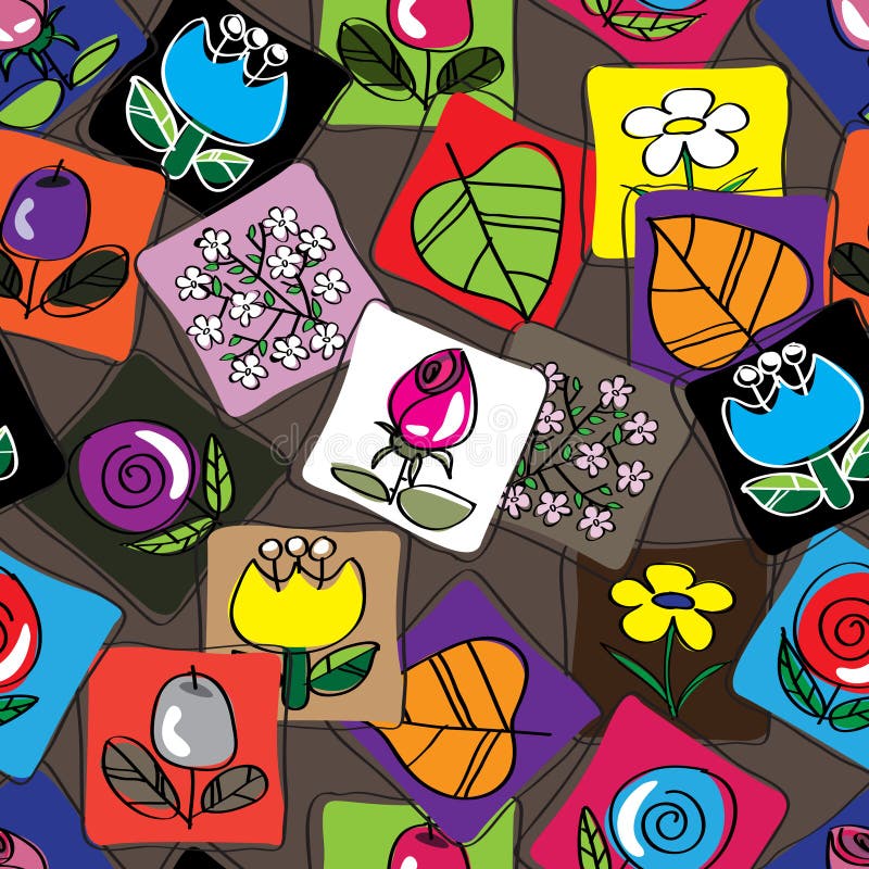 Seamless Pattern of Flowers on the Squares on a Black Background. Stock ...