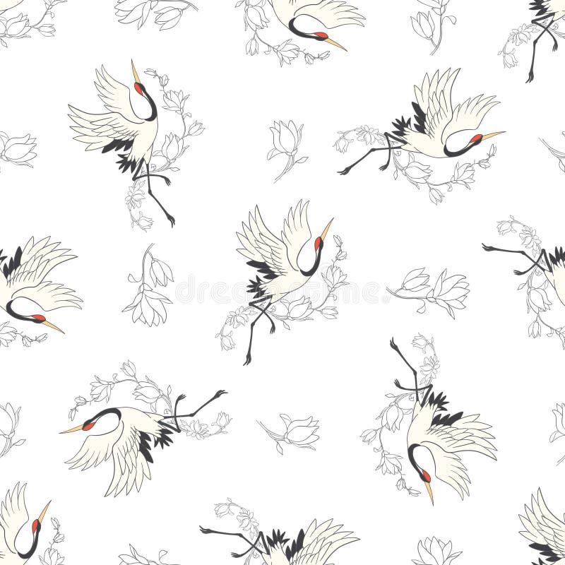Seamless Pattern with Flowers and White Japanese Cranes. Stock Vector ...