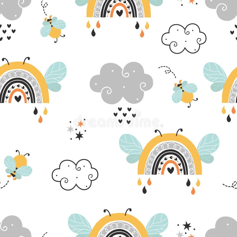 Seamless Pattern with Flying Cute Bee, Rainbow and Doodle Clouds Stock ...
