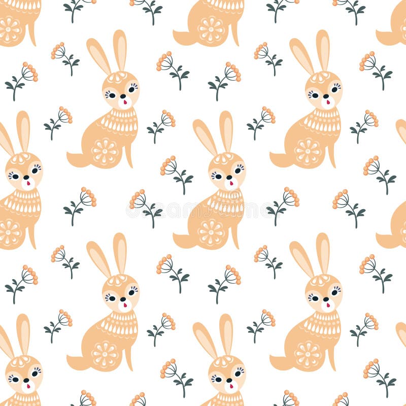 Seamless Pattern in Folk Style with Rabbit Stock Vector - Illustration ...